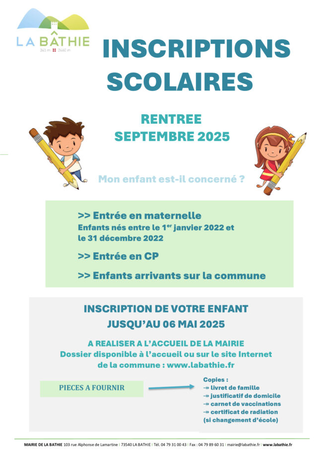 Inscription scolaire rentrée 2025/2026 | Site de la mairie de La Bâthie